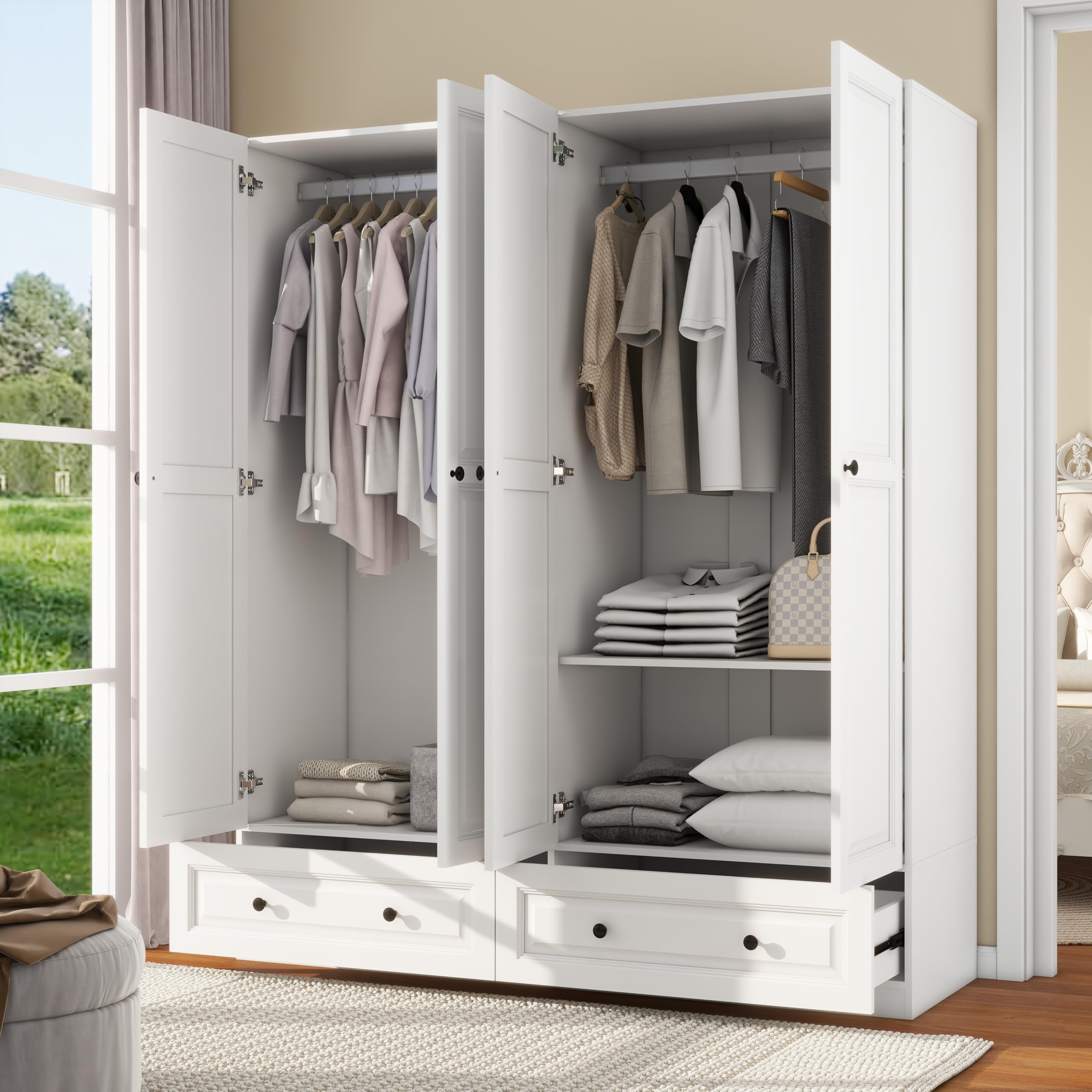 LABROSKIA White Armoire Wardrobe Closet with 4 Drawers: 74" Bedroom Wardrobe Closet for Hanging Clothes, Wood Cabinet for Clothes with 4 Doors, Armoire with Shelves(White, 63")