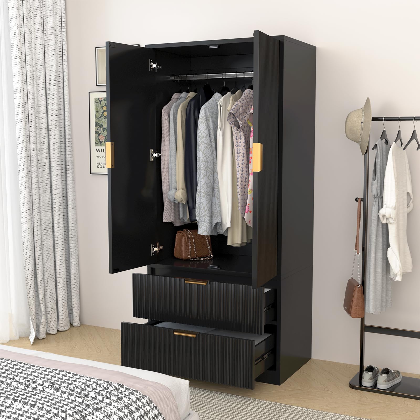 Wardrobe Closet with 2 Doors and 2 Drawers, 70"Clothing Storage Cabinets with Hanging Rod, Modern Wooden Armoire Wardrobe Closet with Gold Handles for Bedroom Armoires Laundry Room(Black)