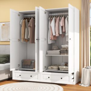 LABROSKIA White Armoire Wardrobe Closet with 4 Drawers: 74" Bedroom Wardrobe Closet for Hanging Clothes, Wood Cabinet for Clothes with 4 Doors, Armoire with Shelves(White, 63")