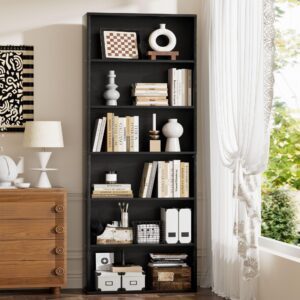 JAMFLY Open Bookshelf and Bookcase, 6 Shelf Storage Shelves Tall Bookcase for Bedroom, Living Room and Office, Black