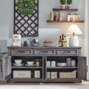 JXQTLINGMU 66" Large Buffet Sideboard Cabinet with 4 Doors and 3 Drawers, Buffet Table Coffee Bar Wine Bar Storage Cabinet for Dining Room, Living Room, Weatherworn Grey