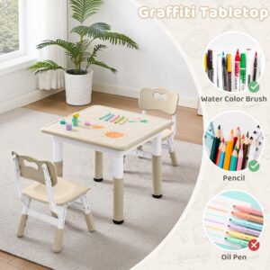 SwemDec Kids Table and 2 Chairs Set, Toddler Table and Chair Set with Graffiti Tabletop, Children Multi-Activity Table for Ages 3-8, Height-Adjustable Kids Study Table for Classroom/Daycare/Home