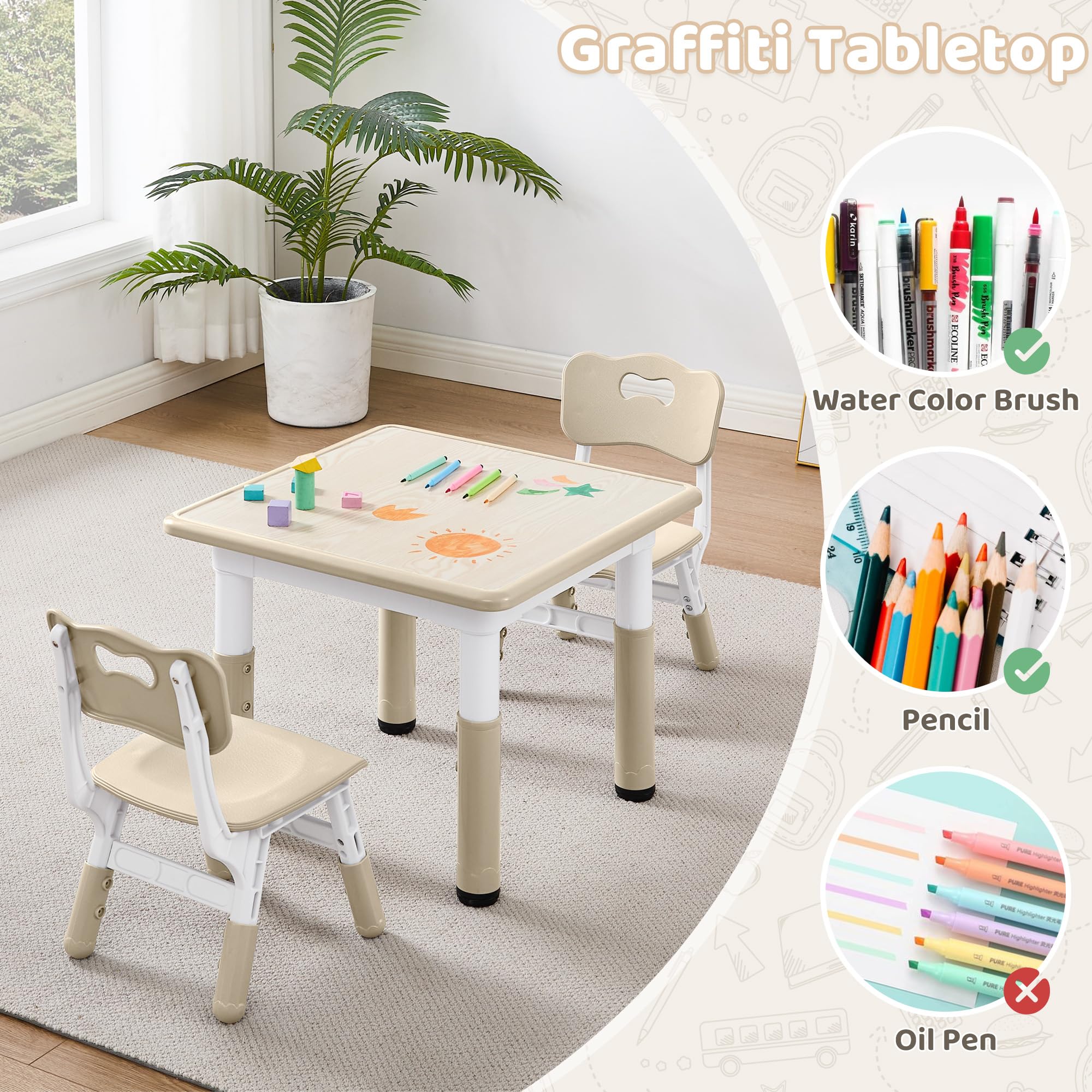 SwemDec Kids Table and 2 Chairs Set, Toddler Table and Chair Set with Graffiti Tabletop, Children Multi-Activity Table for Ages 3-8, Height-Adjustable Kids Study Table for Classroom/Daycare/Home