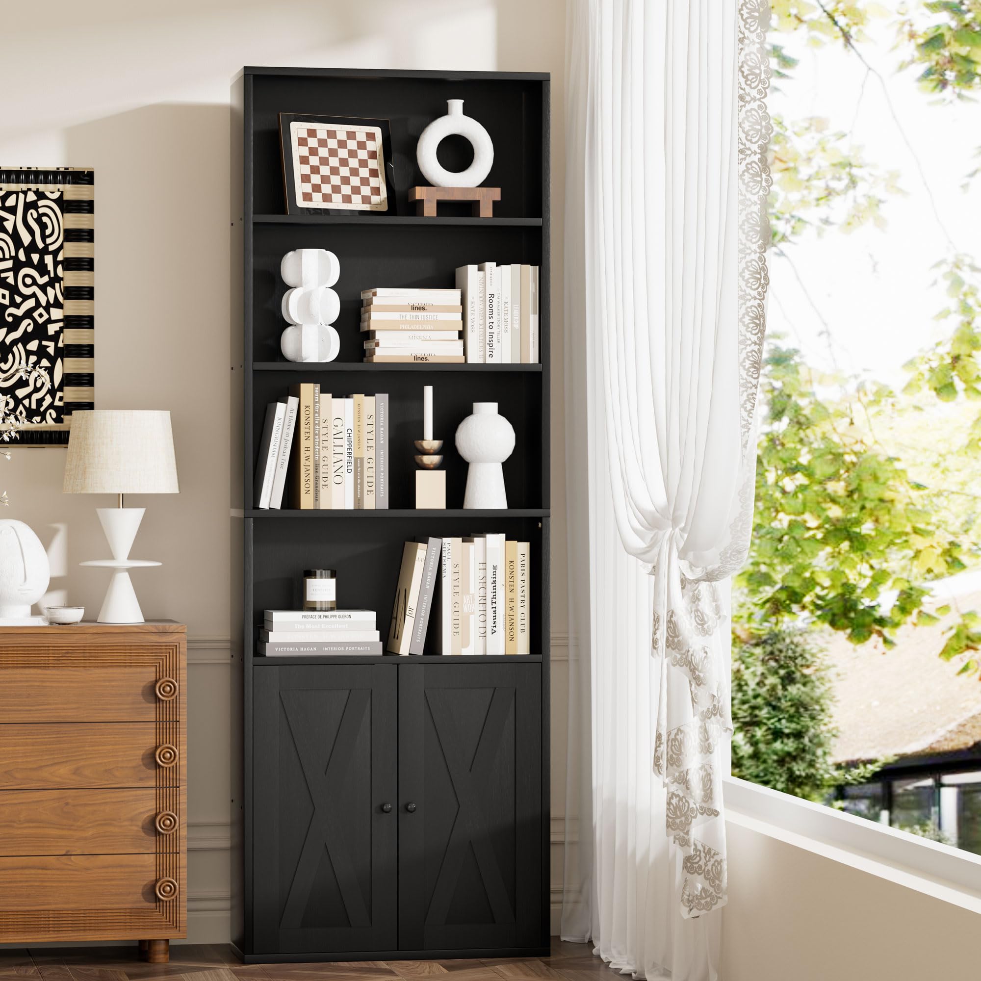 JAMFLY Open Bookshelf and Bookcase with Doors, 6 Shelf Storage Shelves Tall Bookcase for Bedroom, Living Room and Office, Black