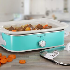 MegaChef 3.5 Quart Rectangle Casserole Slow Cooker with 3 Temperature Settings, Carry Handles and Locking Tempered Glass Lid (Turquoise)