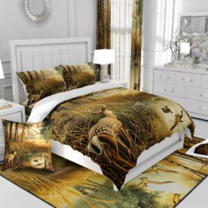 Feelyou Cute Deer Bedding Set King Size Deer Hunting Bedding Duvet Cover Set Antlers Mallard Duck Wild Animal Wild Duck Hunting Fall Tree Lake Comforter Cover Set Yellow Bedspread Cover(No Comforter)