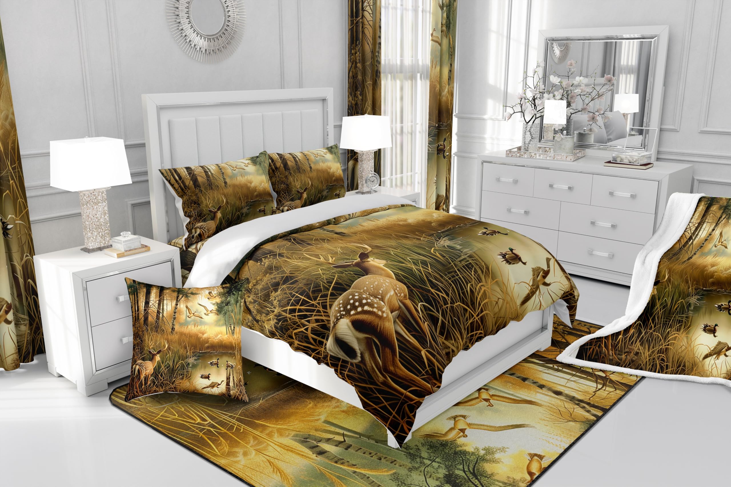 Feelyou Cute Deer Bedding Set King Size Deer Hunting Bedding Duvet Cover Set Antlers Mallard Duck Wild Animal Wild Duck Hunting Fall Tree Lake Comforter Cover Set Yellow Bedspread Cover(No Comforter)