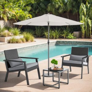 ahomly 3 pieces patio furniture set outdoor furniture, patio chairs wicker patio bistro set with glass table, outdoor chairs for balcony, porch, garden(gray)