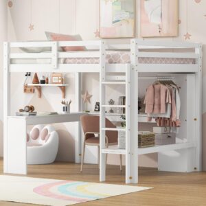 think 30 full size loft bed frame with l-shaped desk, wardrobe and storage shelves, multifunctional wood loft bed with desk & stairway for kids boys girls teens (white, full)