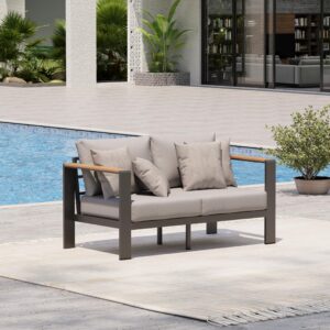 oasbira aluminum outdoor patio furniture loveseat, all-weather outdoor patio sofa with washable thick cushion, patio sofa couch for porch, balcony, deck, yard, gray