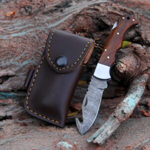 hm knives damascus steel pocket gut hook knife-handcrafted folding blade best gift for men for hunting & outdoor (brown)