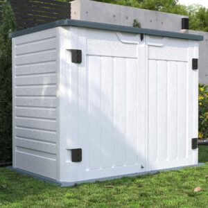 udpatio outdoor storage cabinet 35 cu ft, resin horizontal outdoor trash can storage box lockable shed 4 x 2 ft for garbage, garden tools, lawn mowers, light gray