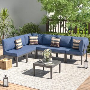 kullavik patio furniture set,7 pieces metal modern outdoor furniture,outdoor sectional sofa w/5.1" cushions and coffee table for patio,backyard，navy blue