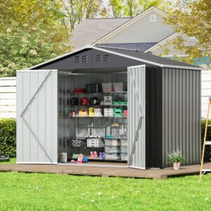 hogyme 9x4 ft outdoor storage shed, large metal tool sheds with updated frame structure and lockable doors, garden shed for backyard garden patio lawn, grey