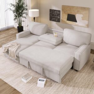 merax l-shaped pull out sleeper sofa bed, modern 4 seater convertible corner couch with storage chaise, drop-down table, cup holders and charging ports