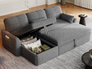 dwvo 86" sectional sofa couch, 2 in 1 sleeper sofa bed with reversible storage chaise pull out bed, l-shape sofa bed for living room, side storage pocket, teddy fleece, grey