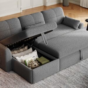 DWVO 86" Sectional Sofa Couch, 2 in 1 Sleeper Sofa Bed with Reversible Storage Chaise Pull Out Bed, L-Shape Sofa Bed for Living Room, Side Storage Pocket, Teddy Fleece, Grey