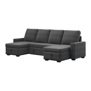 Ball & Cast 96.5" Convertible Sectional Pull Out Couch with Double Storage Chaise&Cup Holders, 4 Seat U-Shaped Sleeper Sofa-Bed w/Removable Cushions for Living Room Apartment Small Spaces, Dark Gray