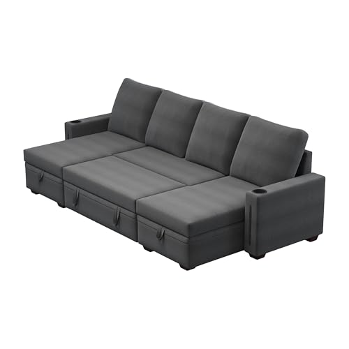 Ball & Cast 96.5" Convertible Sectional Pull Out Couch with Double Storage Chaise&Cup Holders, 4 Seat U-Shaped Sleeper Sofa-Bed w/Removable Cushions for Living Room Apartment Small Spaces, Dark Gray