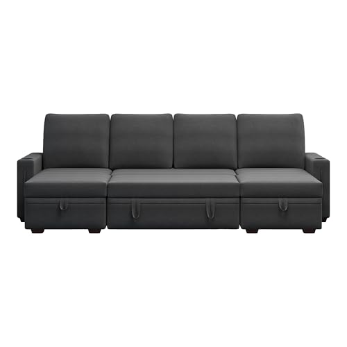 Ball & Cast 96.5" Convertible Sectional Pull Out Couch with Double Storage Chaise&Cup Holders, 4 Seat U-Shaped Sleeper Sofa-Bed w/Removable Cushions for Living Room Apartment Small Spaces, Dark Gray