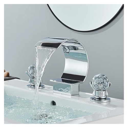 Crystal Handle Waterfall Bathroom Vanity 3 Hole 2 Handle Sink Mixer Faucet(Nickel)