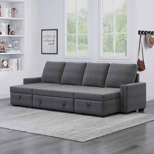 Ball & Cast 96.5" Convertible Sectional Pull Out Couch with Double Storage Chaise&Cup Holders, 4 Seat U-Shaped Sleeper Sofa-Bed w/Removable Cushions for Living Room Apartment Small Spaces, Dark Gray