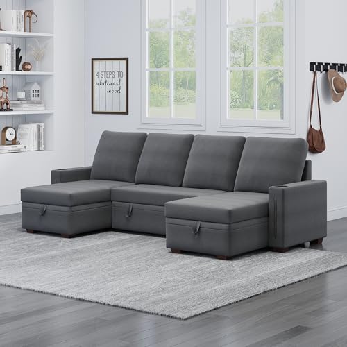 Ball & Cast 96.5" Convertible Sectional Pull Out Couch with Double Storage Chaise&Cup Holders, 4 Seat U-Shaped Sleeper Sofa-Bed w/Removable Cushions for Living Room Apartment Small Spaces, Dark Gray