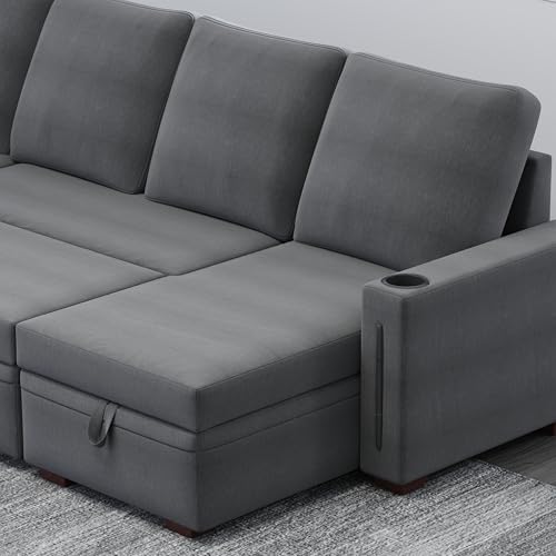 Ball & Cast 96.5" Convertible Sectional Pull Out Couch with Double Storage Chaise&Cup Holders, 4 Seat U-Shaped Sleeper Sofa-Bed w/Removable Cushions for Living Room Apartment Small Spaces, Dark Gray