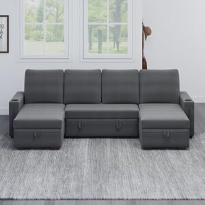 Ball & Cast 96.5" Convertible Sectional Pull Out Couch with Double Storage Chaise&Cup Holders, 4 Seat U-Shaped Sleeper Sofa-Bed w/Removable Cushions for Living Room Apartment Small Spaces, Dark Gray