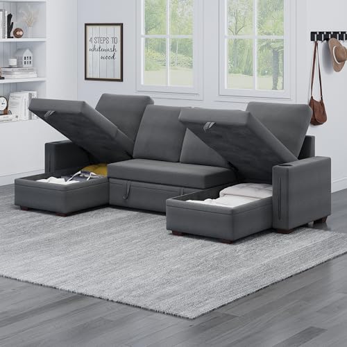 Ball & Cast 96.5" Convertible Sectional Pull Out Couch with Double Storage Chaise&Cup Holders, 4 Seat U-Shaped Sleeper Sofa-Bed w/Removable Cushions for Living Room Apartment Small Spaces, Dark Gray