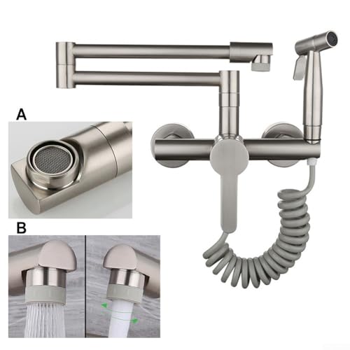 Toilet Bidet Sprayer, Jet Sprayer for Toilet with Hot and Cold Mixer Valve, Wall Mount Rotating Folding Kitchen Faucet, Pull Out Two Hole Bidet Faucet