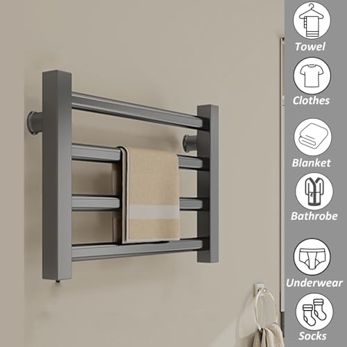 NJDQFA Small Towel Warmer Plug-in,Energy-Saving Heated Drying Rack 4 Bars,Heated Towel Racks for Bathroom Wall Mounted,Gray,Plug in Left