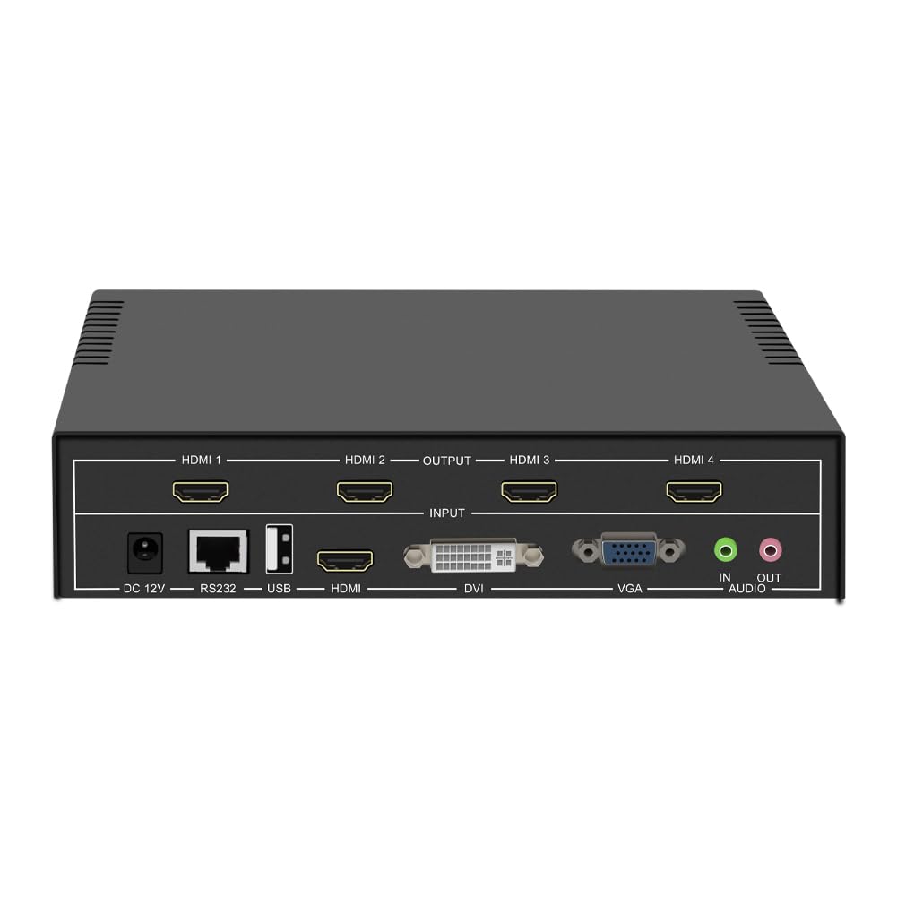 Video Wall Controller 2x2,Multi-Screen procrssor 4K@60HZ 4-Way HDMI/USB(Flash Drive)/DVI/VGA Input,with 11 Splicing Modes,180°Rotate,Supporting 1 VGA, 1 DVI, 1 USB, and 1 HDMI Input