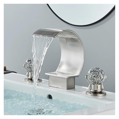 Crystal Handle Waterfall Bathroom Vanity 3 Hole 2 Handle Sink Mixer Faucet(Nickel)