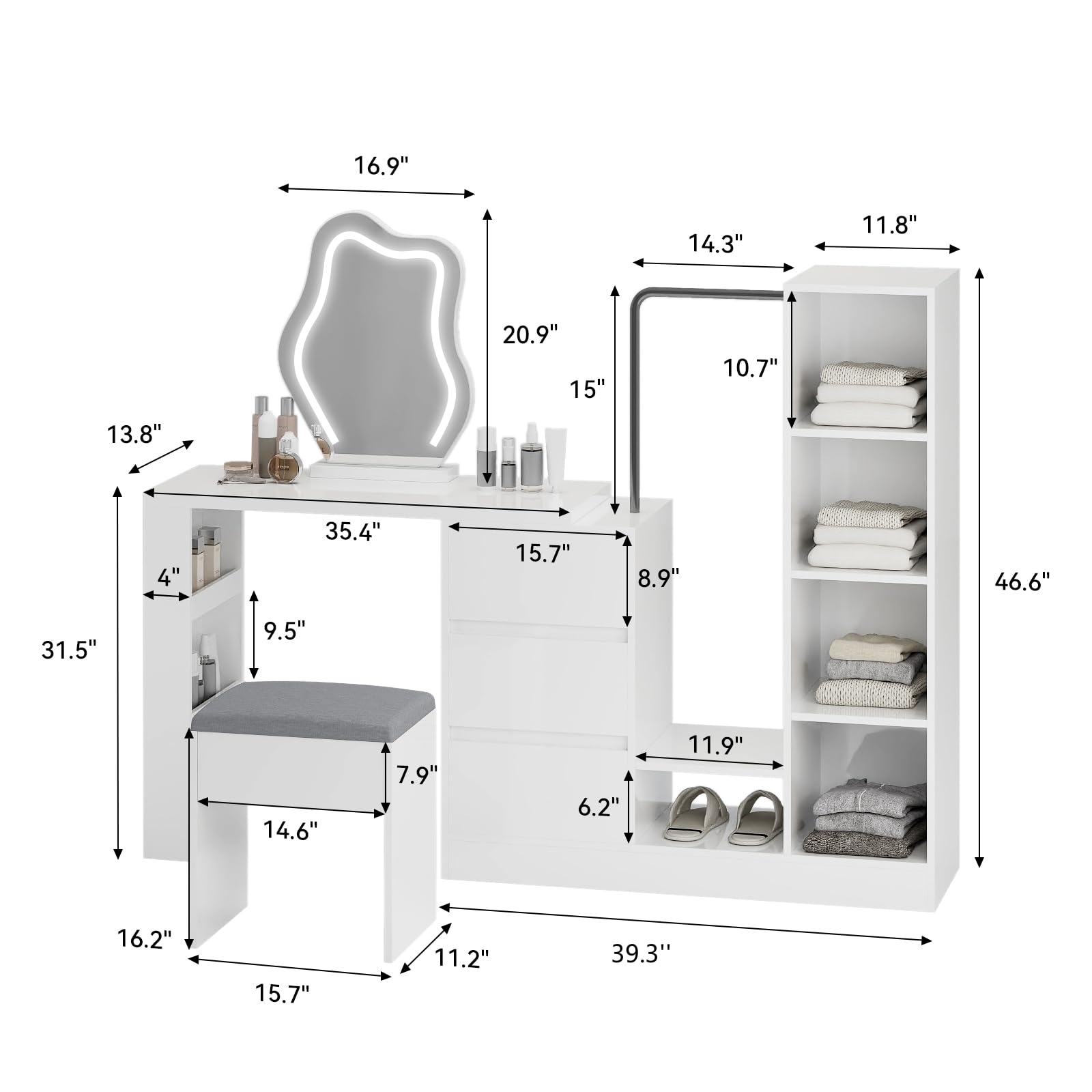 ARTETHYS Vanity Desk with Mirror and Lights White Makeup Desk with Storage Chair and Drawers Corner Vanity Table Set with Hanger and Storage Shelves