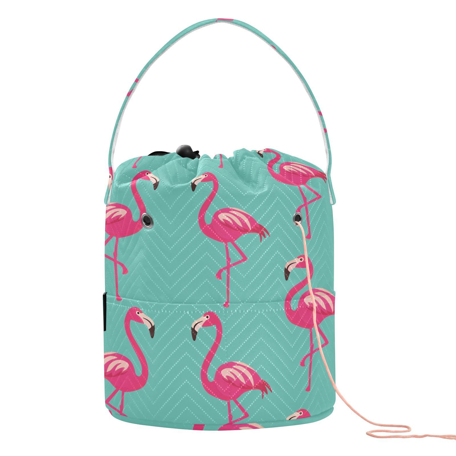 Lovely Flamingos Teal Crochet Bag Organizer Yarn Storage Bag Yarn Holder Knitting Bag Crochet Accessories with Pockets Portable for Knitting Kit Supplies Travel