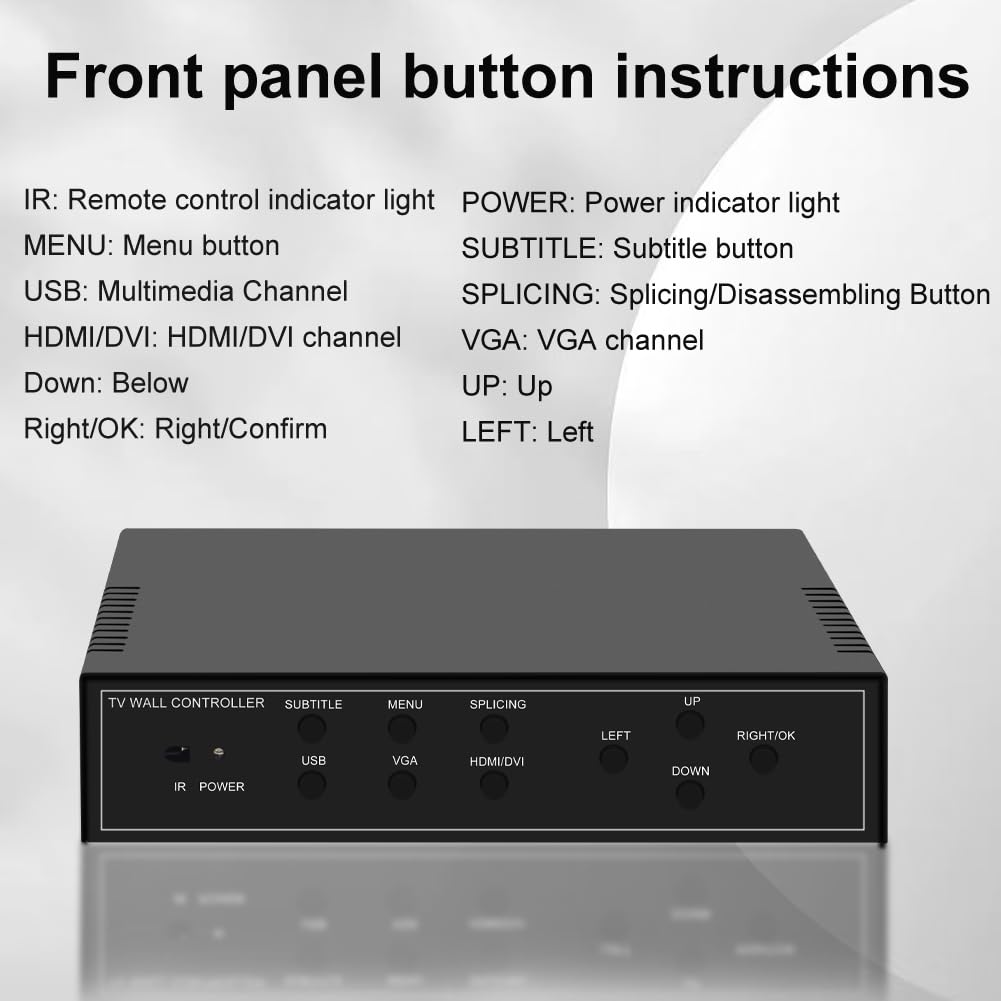 Video Wall Controller 2x2,Multi-Screen procrssor 4K@60HZ 4-Way HDMI/USB(Flash Drive)/DVI/VGA Input,with 11 Splicing Modes,180°Rotate,Supporting 1 VGA, 1 DVI, 1 USB, and 1 HDMI Input