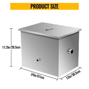 Commercial Grease Trap, Grease Interceptor, Side Inlet Interceptor, Under Sink Stainless Steel Grease Trap, 2.8 GPM Waste Water Oil-Water Separator, for Restaurant Canteen Home Kitchen,25 LB,Silver