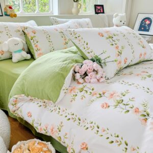 Kimko Washable Cotton Floral Duvet Cover Set,Vintage Flower Reversible Bedding Set with Zipper Closure,Gentle,Soft,Cozy and Breathable 【3Pcs:1 Duvet Cover+2 Pillowcase】 (# 005, Full-71''X87'')