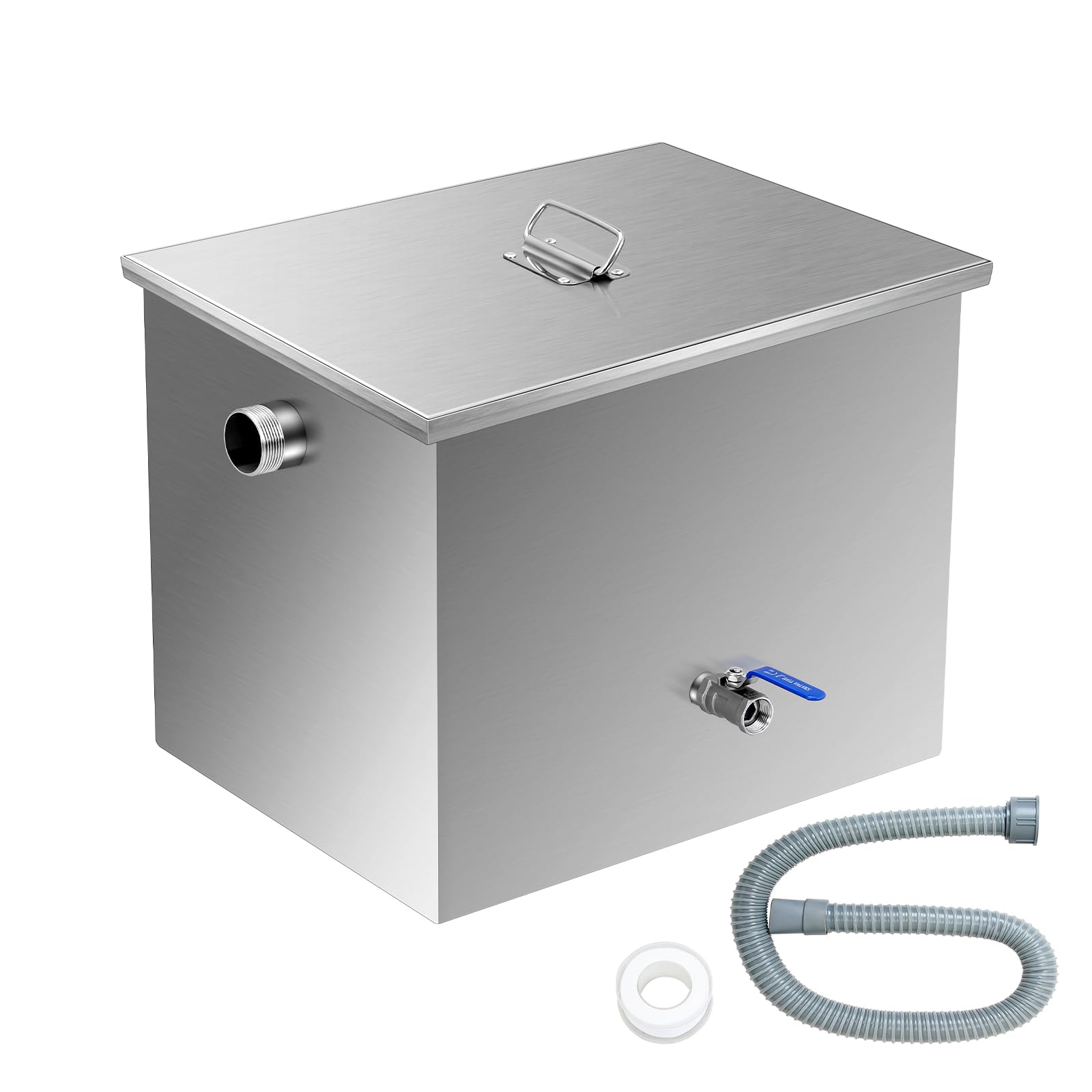 Commercial Grease Trap, Grease Interceptor, Side Inlet Interceptor, Under Sink Stainless Steel Grease Trap, 2.8 GPM Waste Water Oil-Water Separator, for Restaurant Canteen Home Kitchen,25 LB,Silver