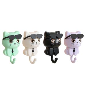 cute cat key hook, cat hooks for wall, 2 cartoon cat in sunglasses creative gra-vity hook, adhesive coat hooks key holder for wall decorative, pet wall hooks for hanging key, bag, hat, towel (mix)