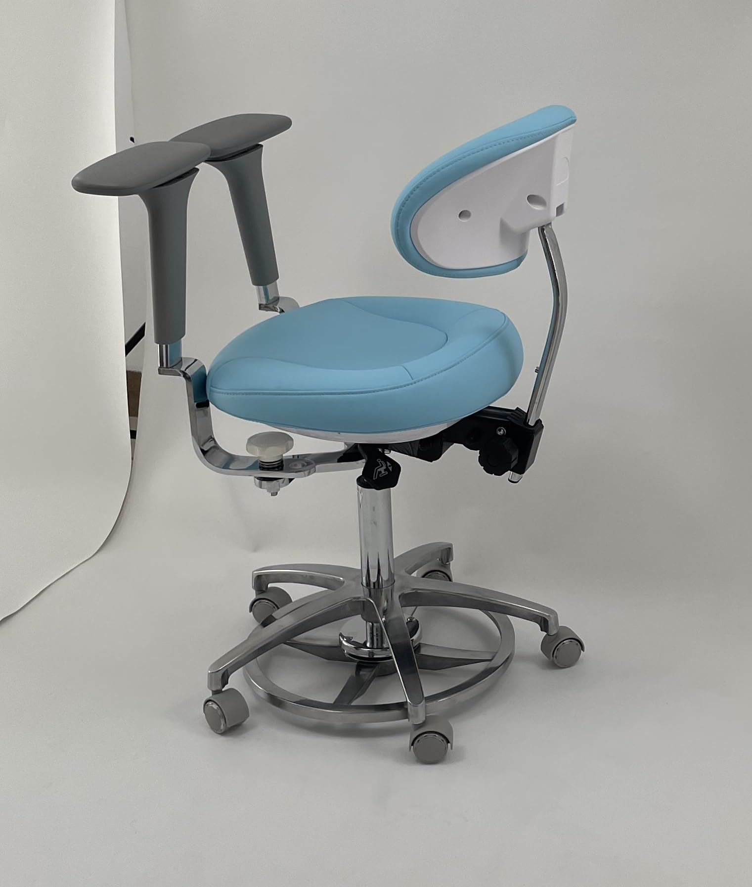 Ergonomic Dental Saddle Assistant Chair Stool with Rotatable 4D Armrest and Back Support for Microscope Operator in Dental Clinics,Luxury Aluminium Foot Operated Base (C10 Grey)