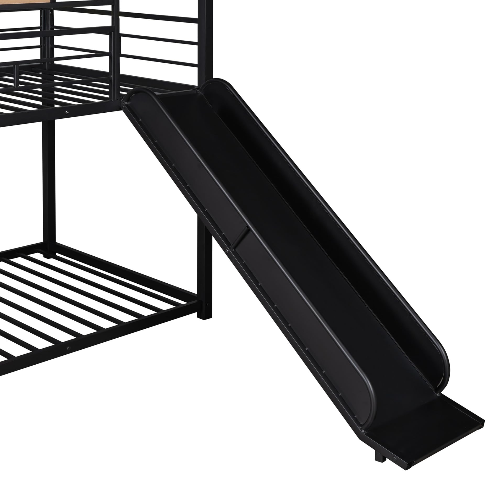 TURRIDU Twin Over Twin Size House Shape Bunk Bed, Modern Metal Housebed with Slide, Metal Slats, Safety Fence and Ladder, Window Pattern Design, Space-Saving, Easy Assembly, (Black with Black Slide)