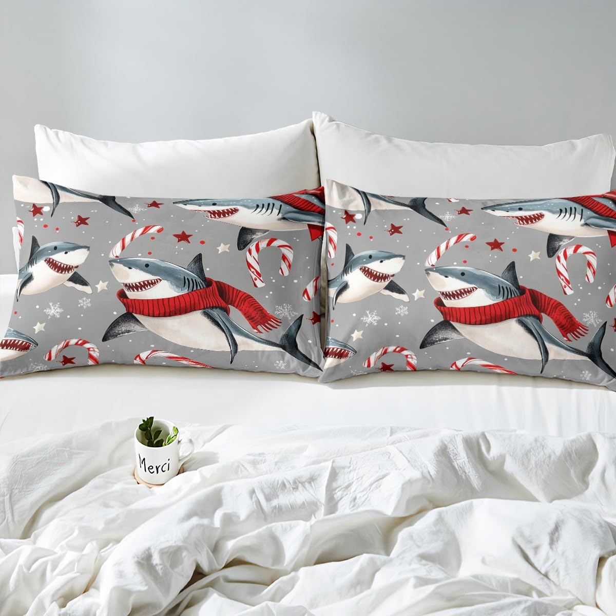 Cartoon Shark Duvet Cover Full Size Christmas Sweet Candy Bedding Set 3pcs Undersea Marine Fish Comforter Cover for Kids Bedroom Decor Cute Star Snowflake Quilt Cover(Not Comforter)