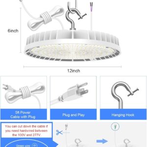 KUKUPPO 4 Pack LED High Bay Light 240W 190W 140W Adjustable, 3000K 4000K 5000K Adjustable UFO Bay Light with 5' Cable and Plug, 0-10V Dimmable AC100-277V UL&DLC Listed, White