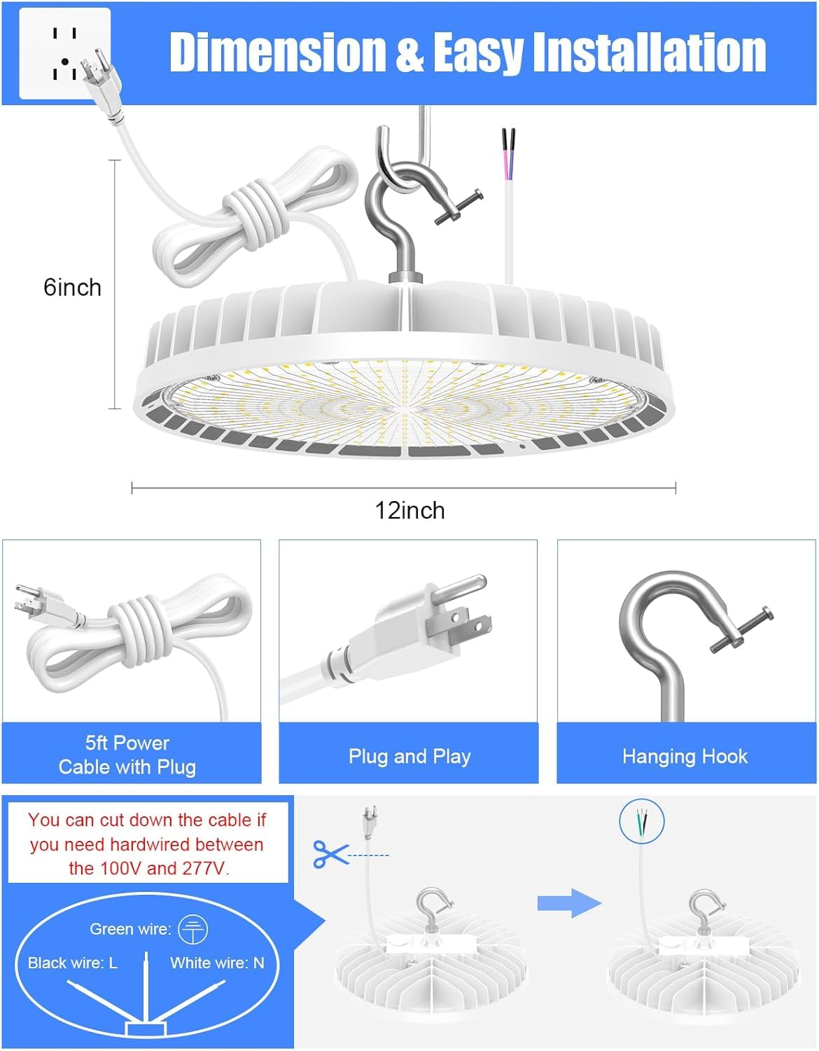 KUKUPPO 10 Pack LED High Bay Light 240W 190W 140W Adjustable, 3000K 4000K 5000K Adjustable UFO Bay Light with 5' Cable and Plug, 0-10V Dimmable AC100-277V UL&DLC Listed, White