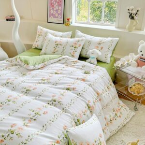 Kimko Washable Cotton Floral Duvet Cover Set,Vintage Flower Reversible Bedding Set with Zipper Closure,Gentle,Soft,Cozy and Breathable 【3Pcs:1 Duvet Cover+2 Pillowcase】 (# 005, Full-71''X87'')