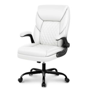 bestera office chair, executive leather chair home office desk chairs, ergonomic computer desk chair with adjustable flip-up arms, lumber support swivel task chair with rocking function (white)