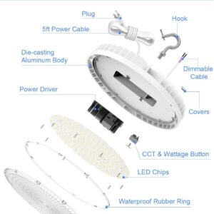 KUKUPPO 4 Pack LED High Bay Light 240W 190W 140W Adjustable, 3000K 4000K 5000K Adjustable UFO Bay Light with 5' Cable and Plug, 0-10V Dimmable AC100-277V UL&DLC Listed, White