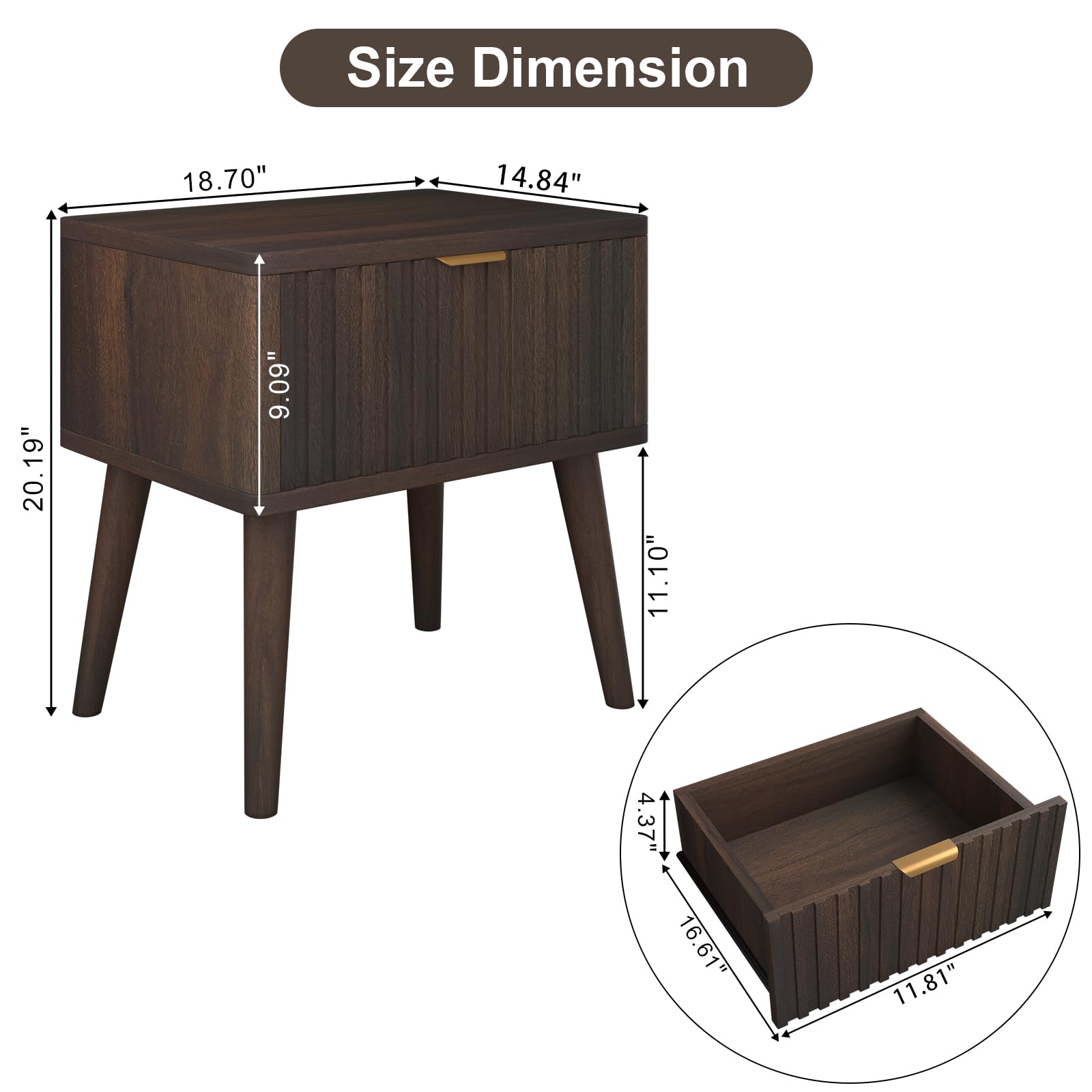 MUUEGM Nightstands Set of 2, Mid Century Modern Side Table with Drawers, Small End Table for Living Room, Bedroom, Office and Small Spaces, Dark Brown Night Stand with Solid Wood Legs